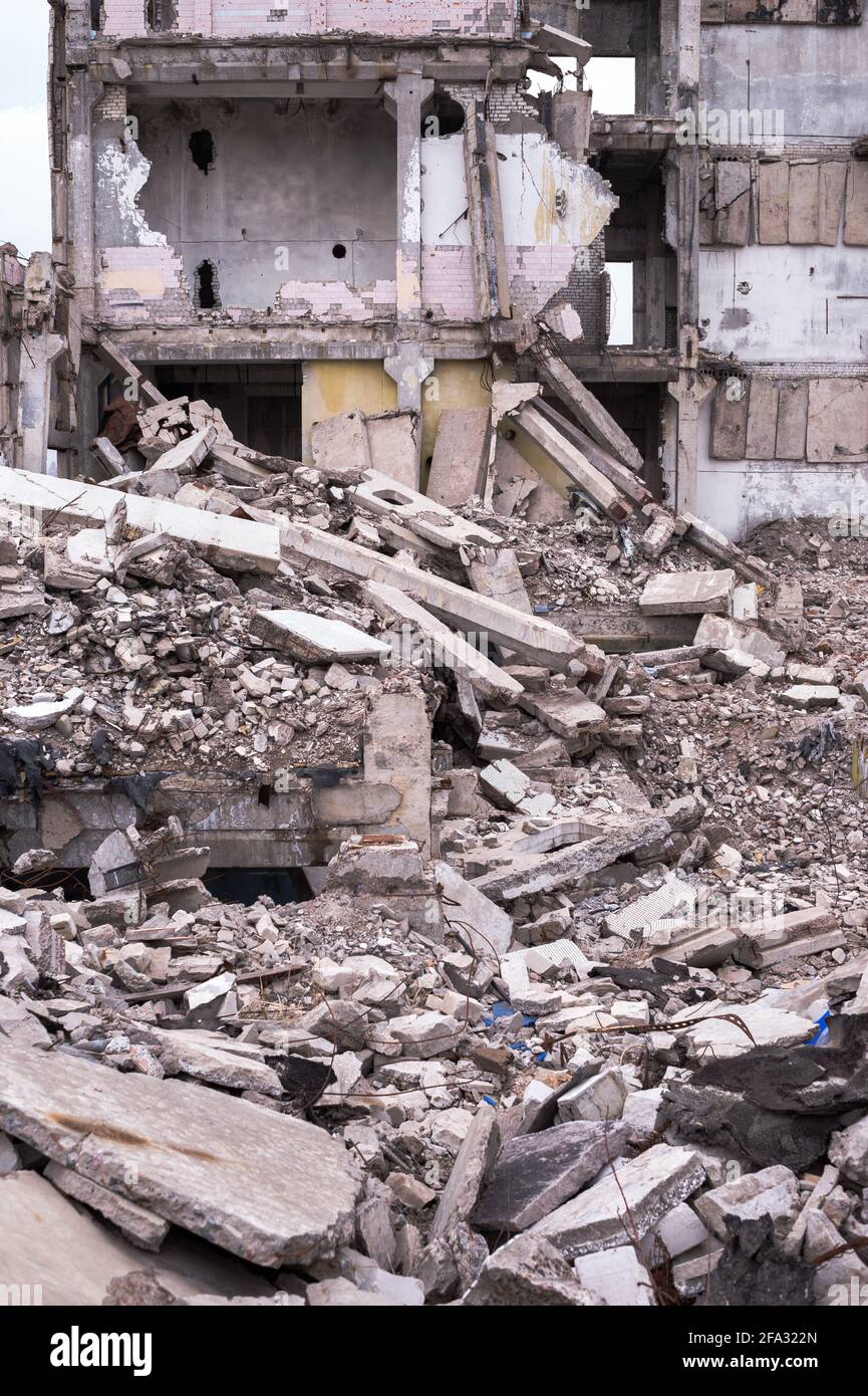 The remains of a ruined building with large foundation piles in the ...
