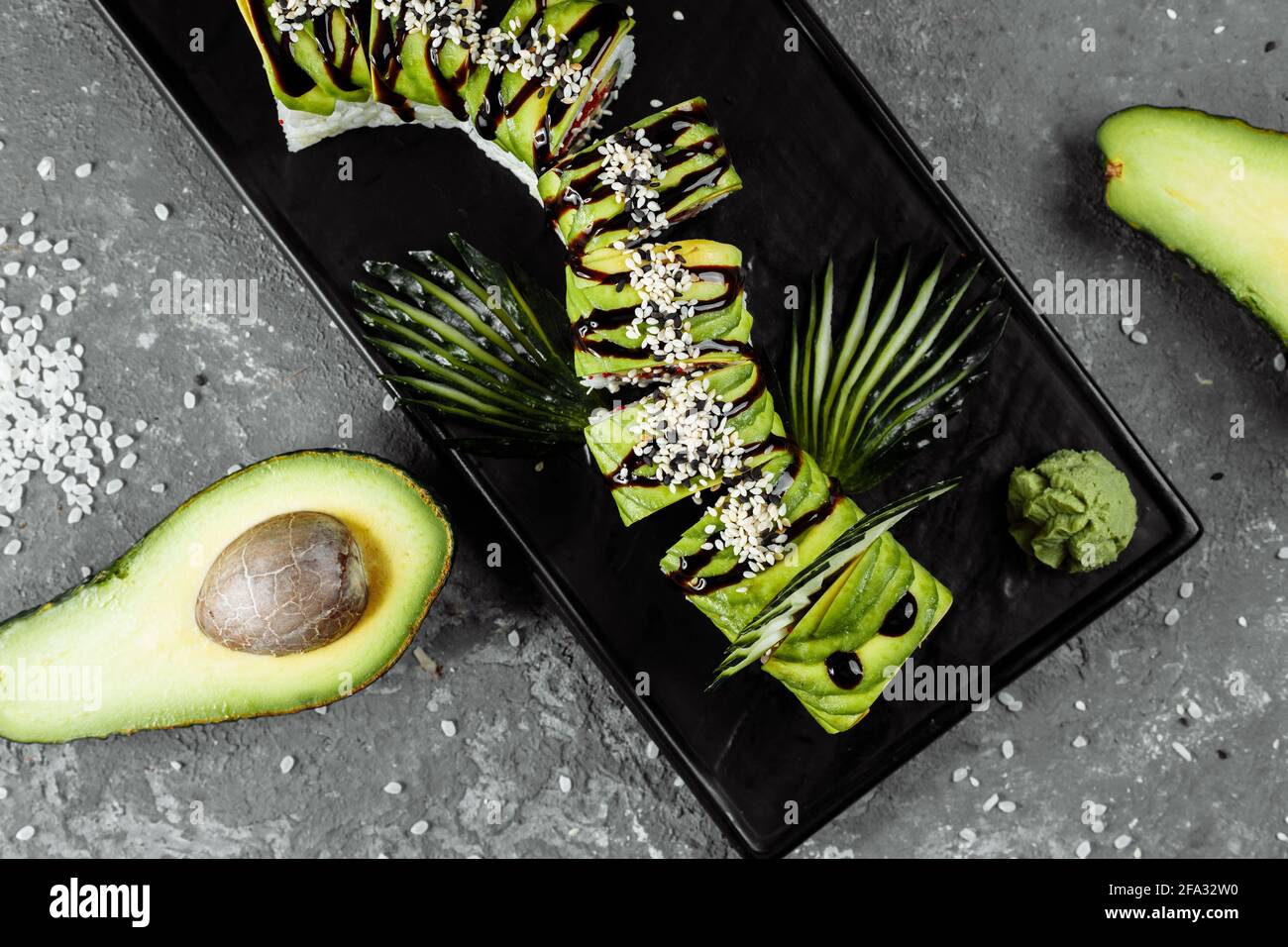 Green dragon sushi roll with eel, avocado, cucumber and ginger ...