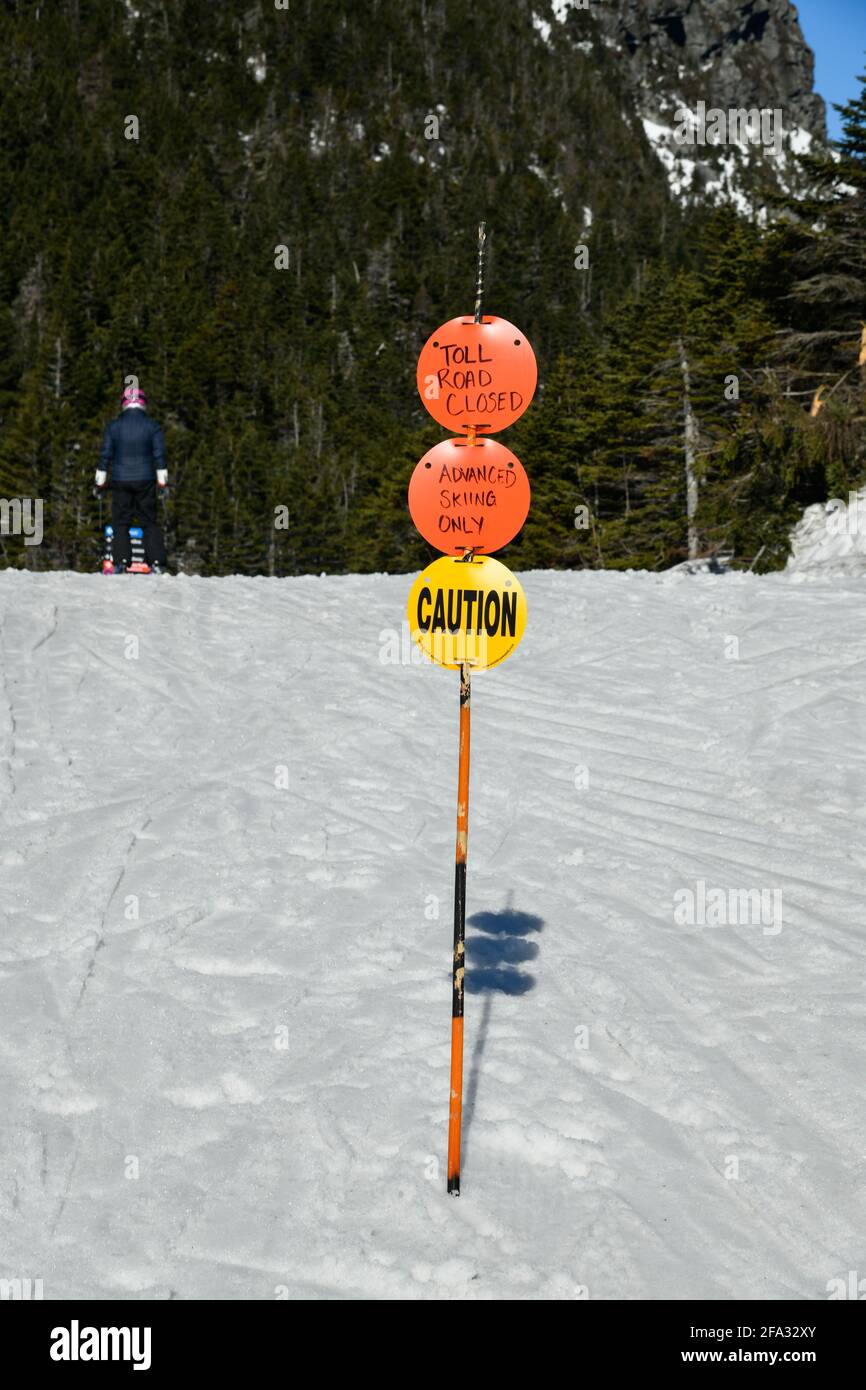 Caution, Thin snow, road closed, advanced skiers only signs at Stowe ...