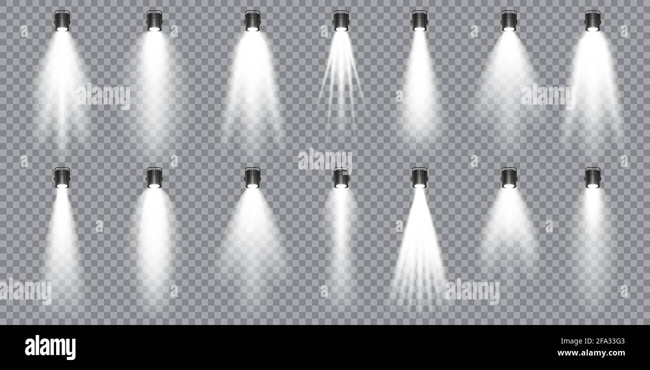 Illuminated studio spotlights collection. Bright light beam ...