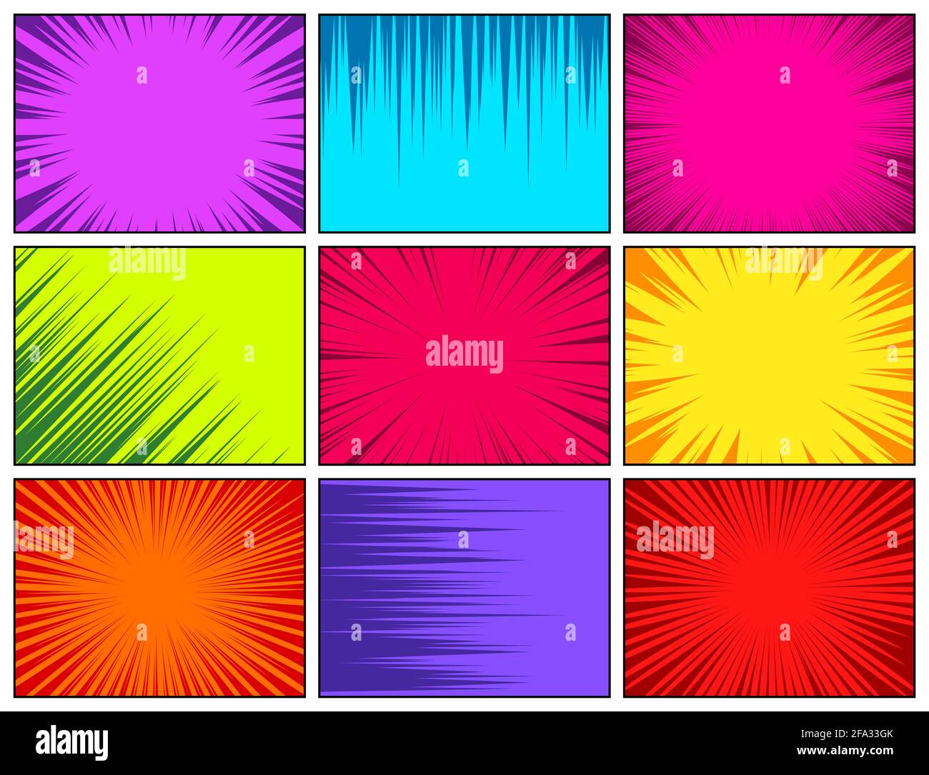 Comic book colorful radial lines collection. Cartoon comics background ...