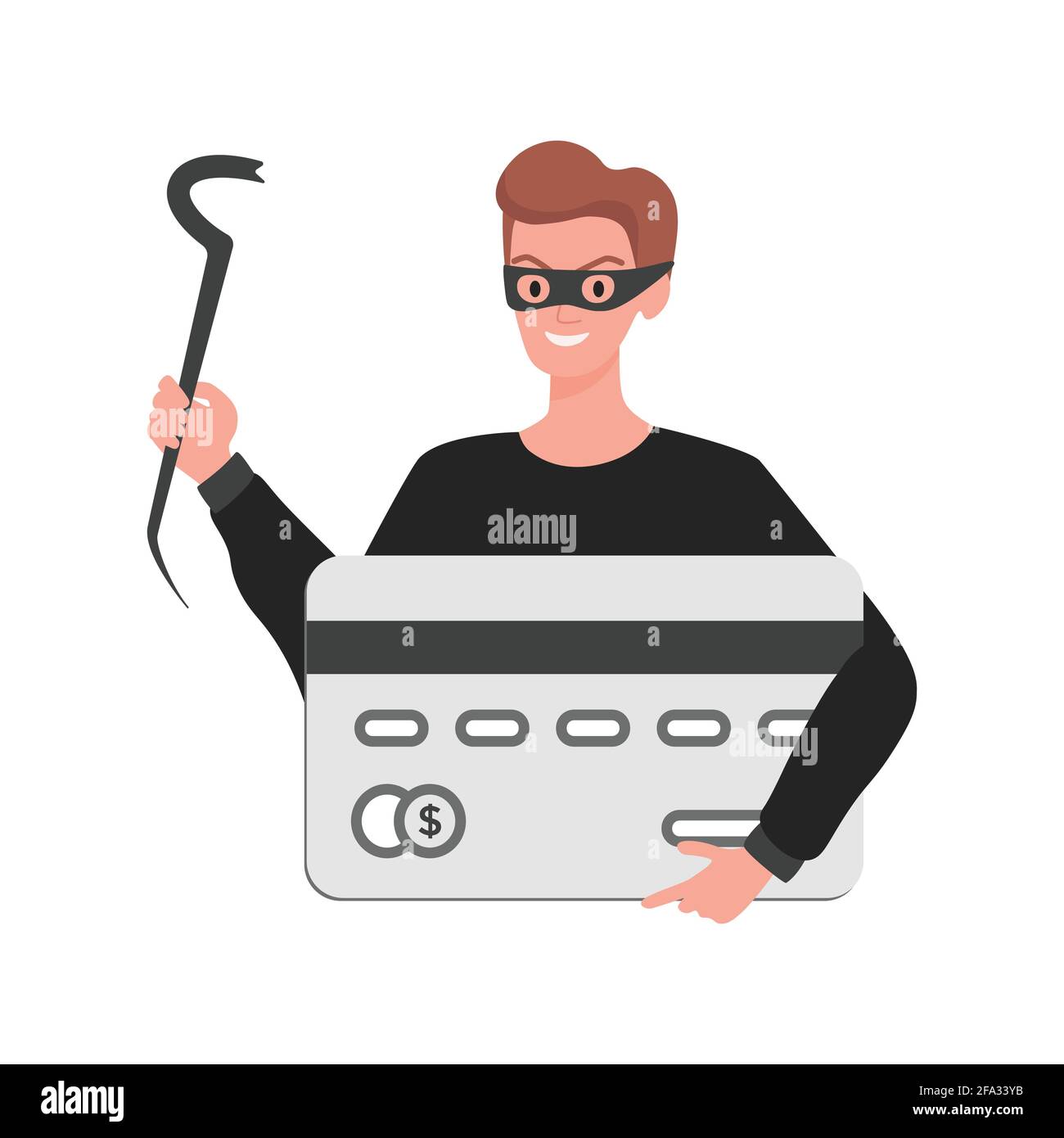 Thief in mask holding credit card in hand vector flat illustration ...