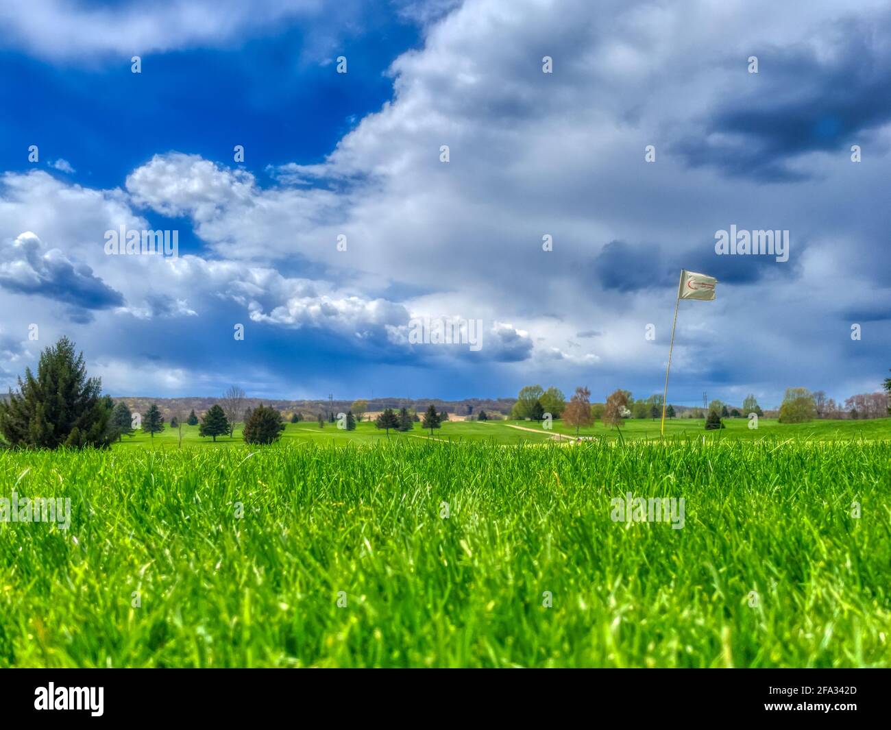 Lush green golf course with a flagstick under a cloudy sky in Venango ...