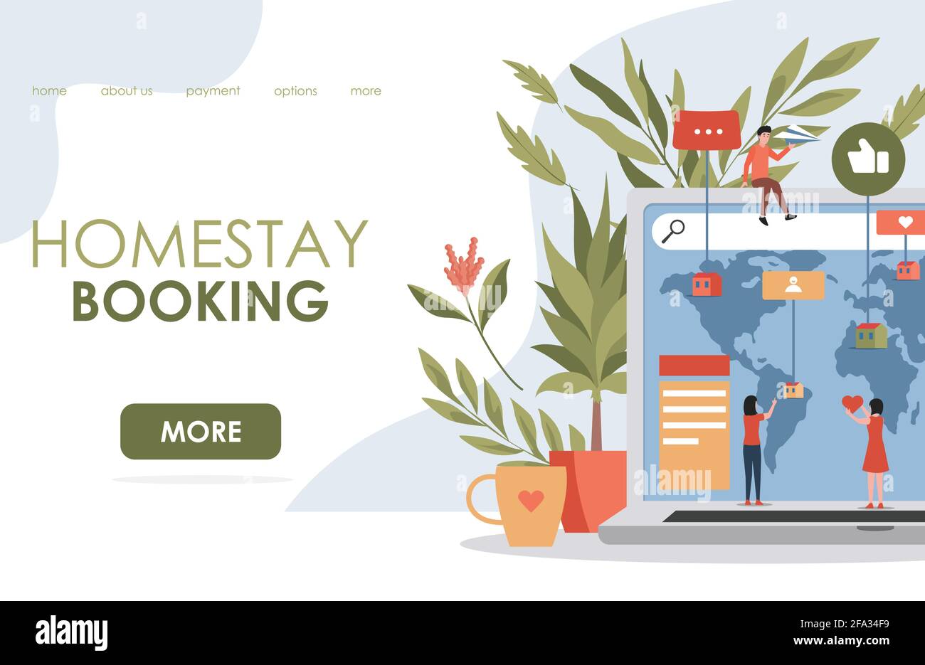 Homestay booking vector flat landing page template. People book hotel ...