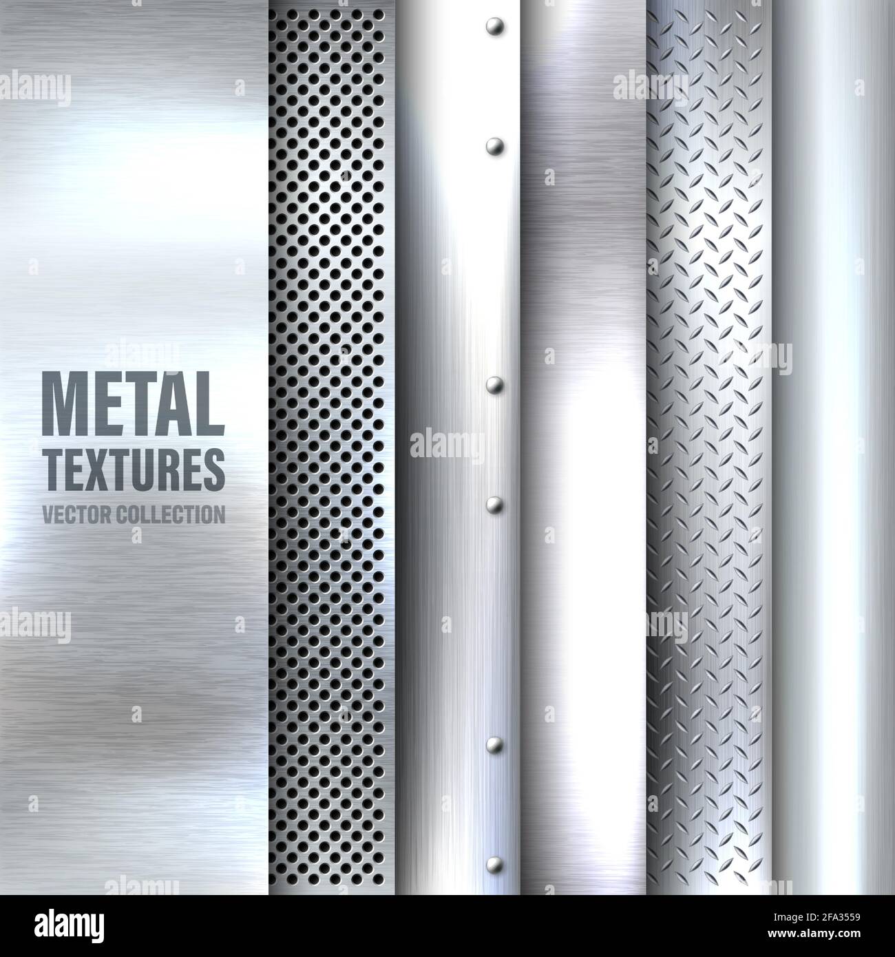 Realistic brushed metal textures set. Polished stainless steel ...
