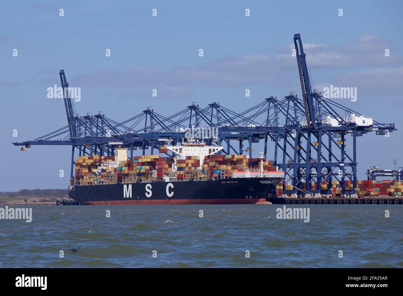 Container ship MSC Regulus docked at the Port of Felixstowe, Suffolk ...