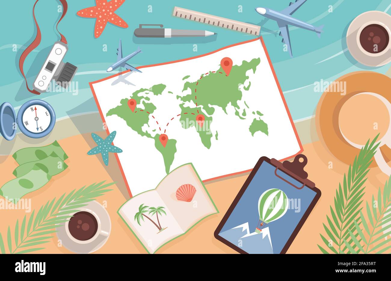 World map with location points and travel items vector flat ...
