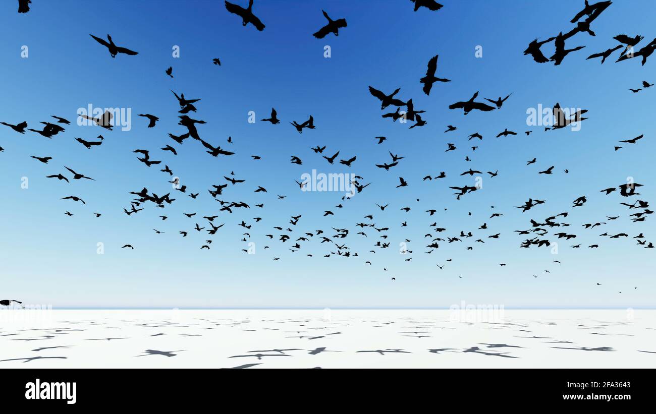 3D illustration - Flock of birds flying across the screen Stock Photo ...