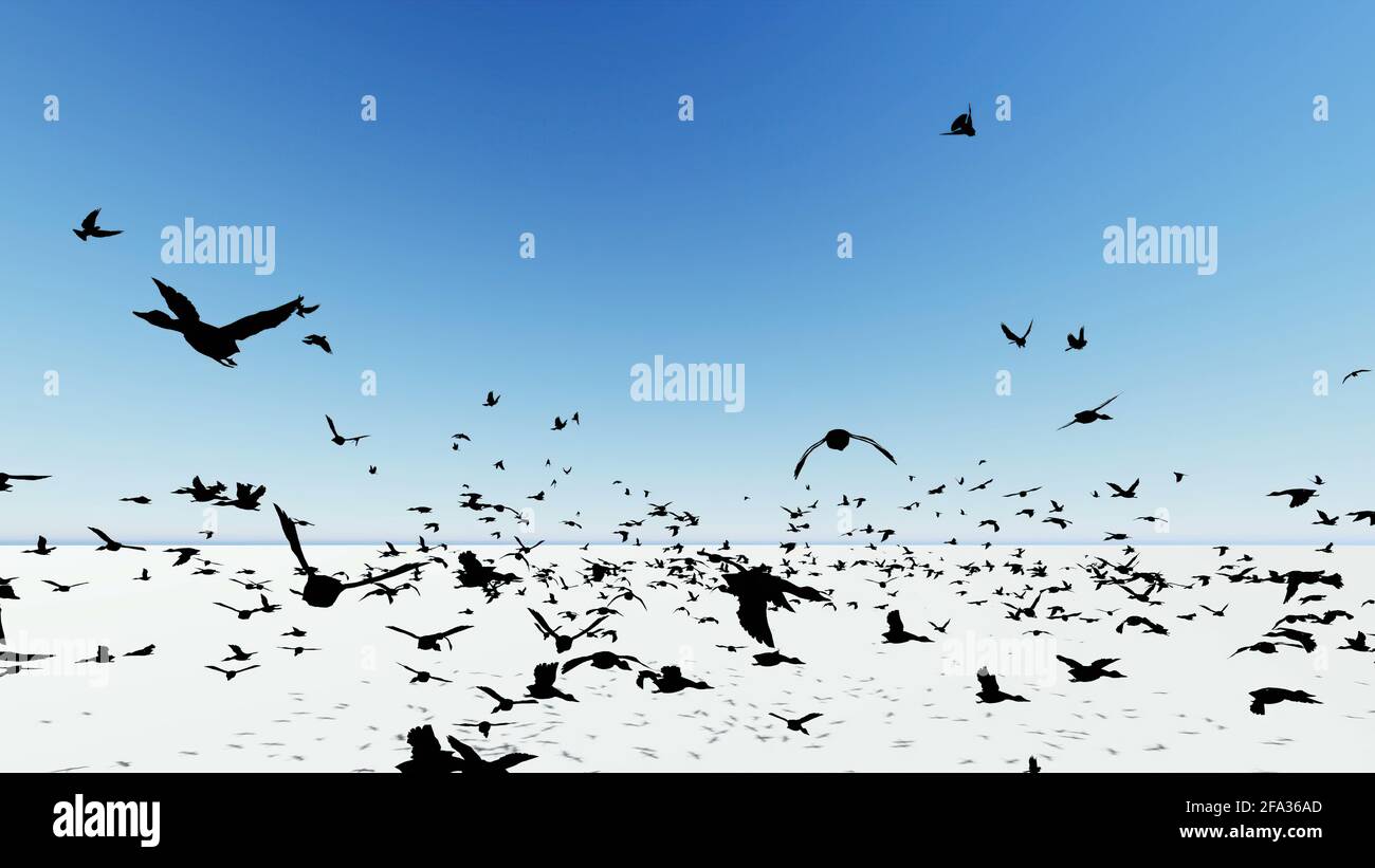 3D illustration - Flock of birds flying across the screen Stock Photo ...