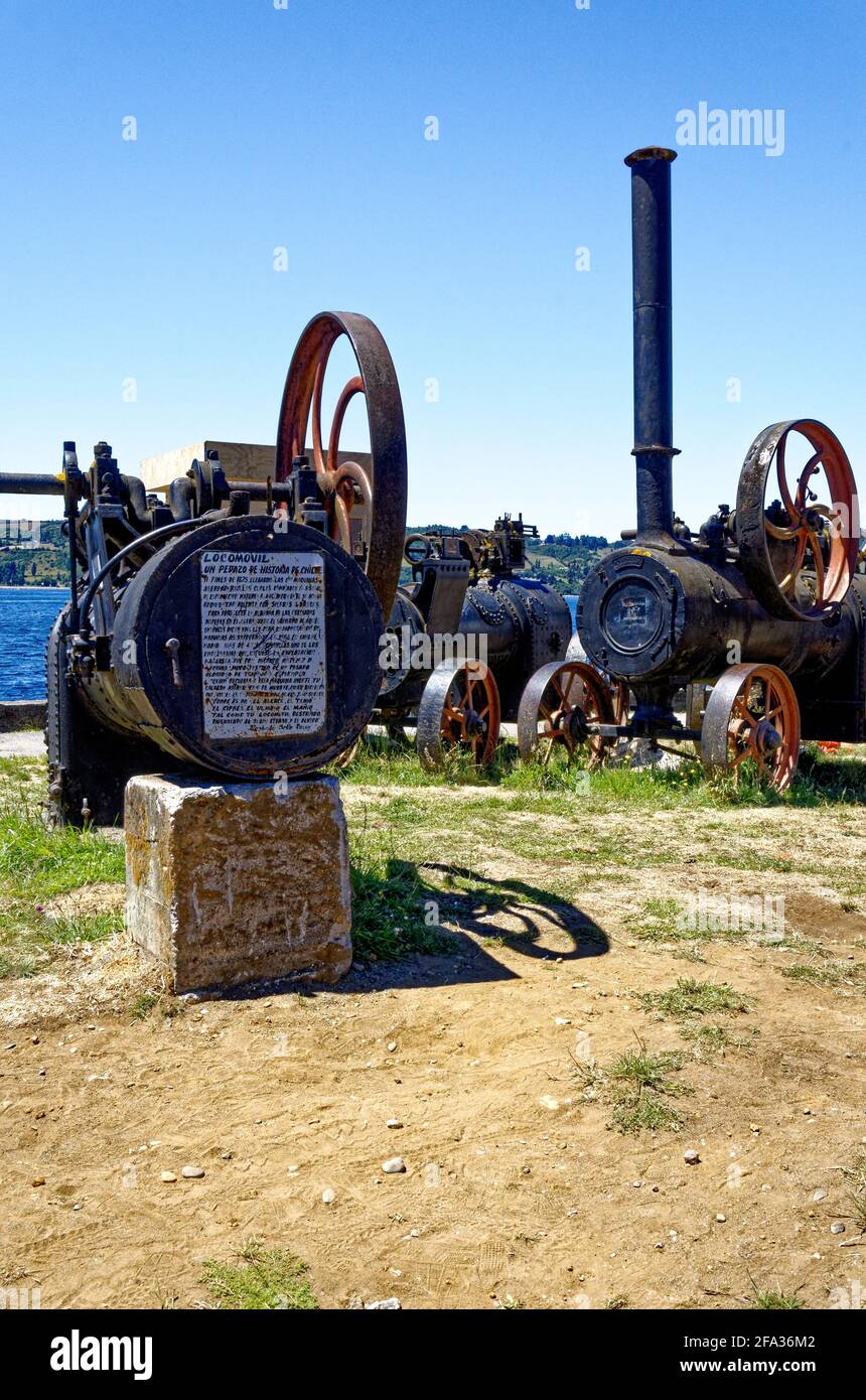 Old rusty steam locomotives at the seaside promenade in Castro City ...