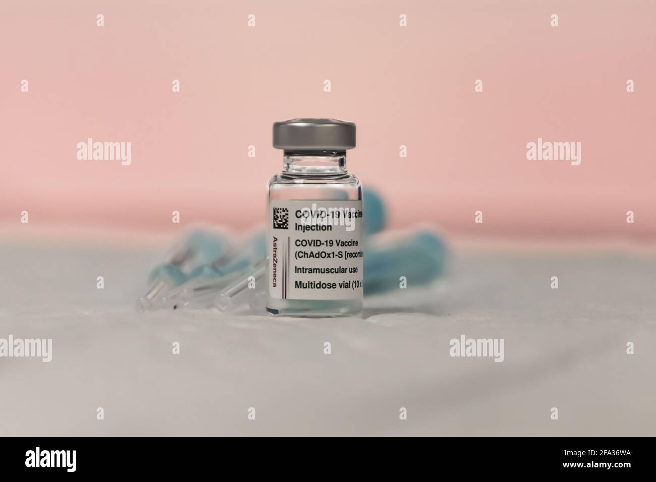A vial with the vaccine seen during a massive vaccination of the AstraZeneca vaccine to ages ...