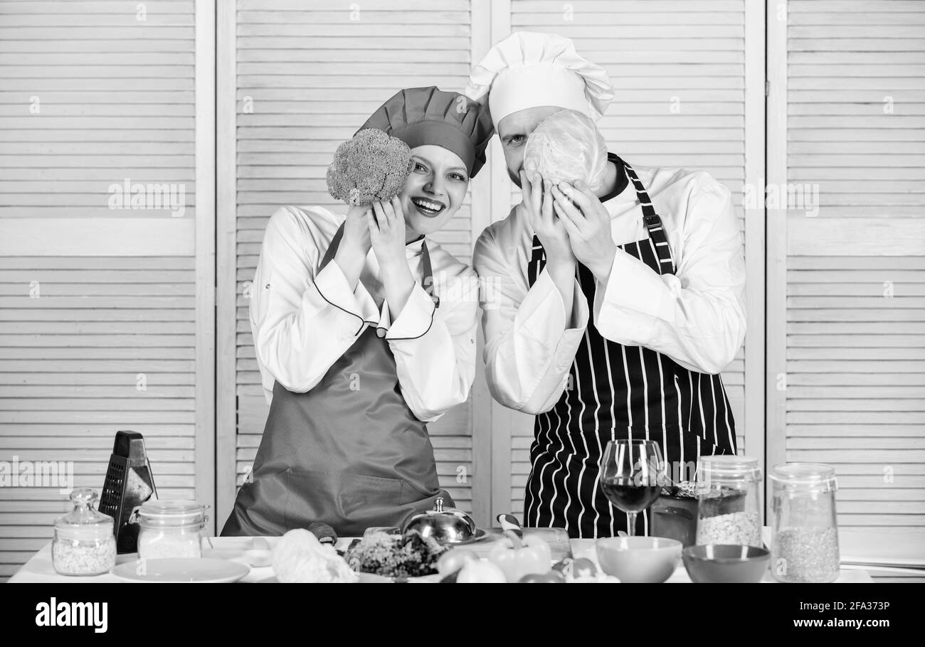 Organic food. man and woman chef. happy couple in love with healthy ...