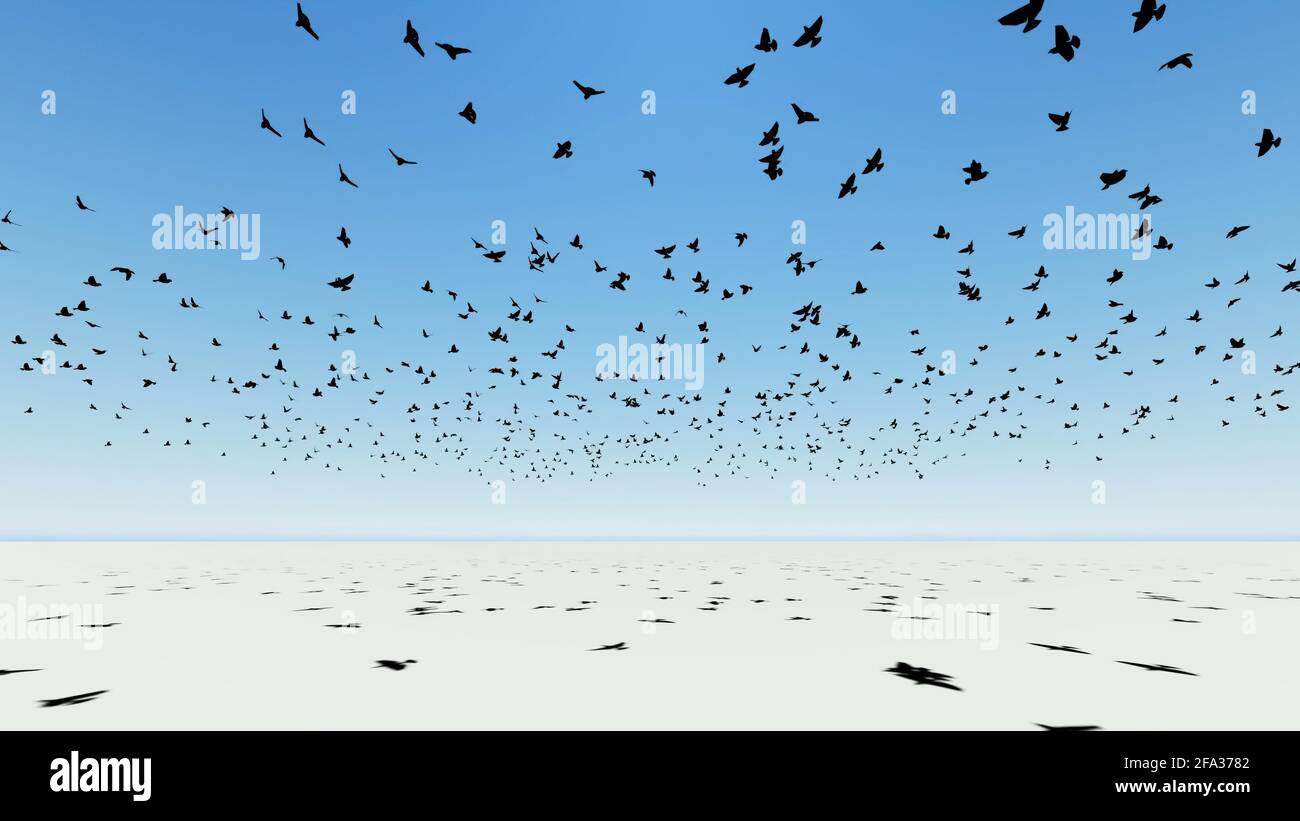 3D illustration - Flock of birds flying across the screen Stock Photo ...