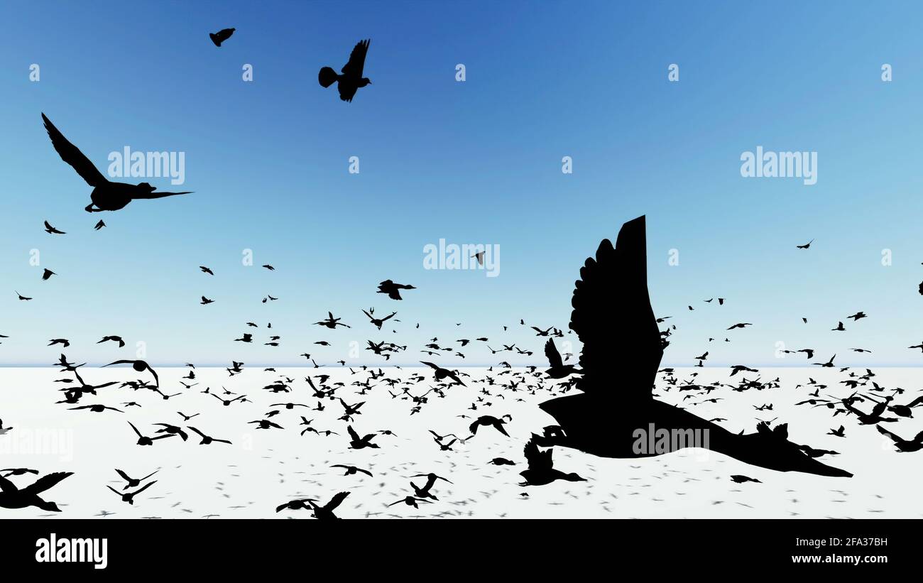 3D illustration - Flock of birds flying across the screen Stock Photo ...