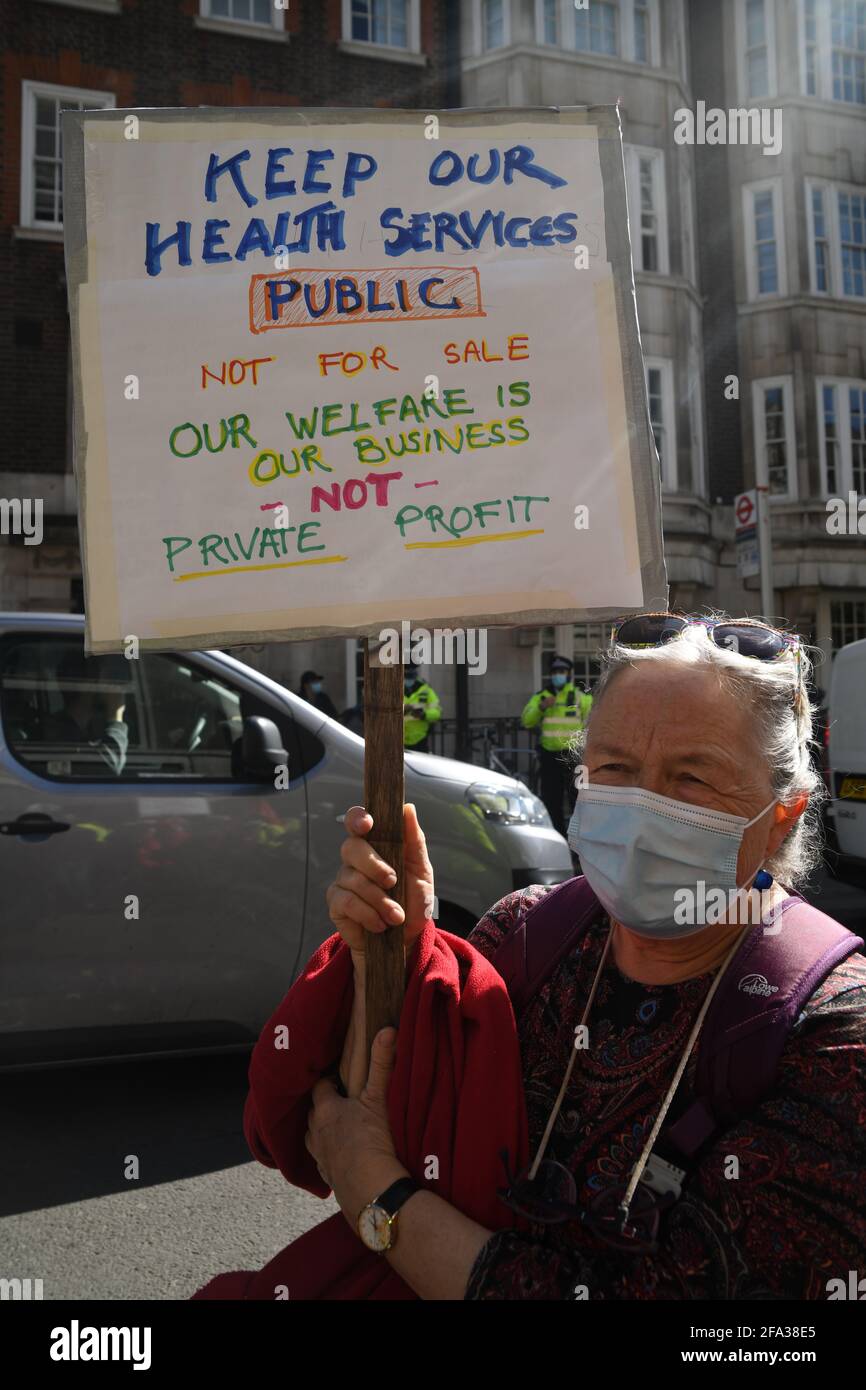 London, UK. April 22 2021: Protestors, protest against US Centene ...