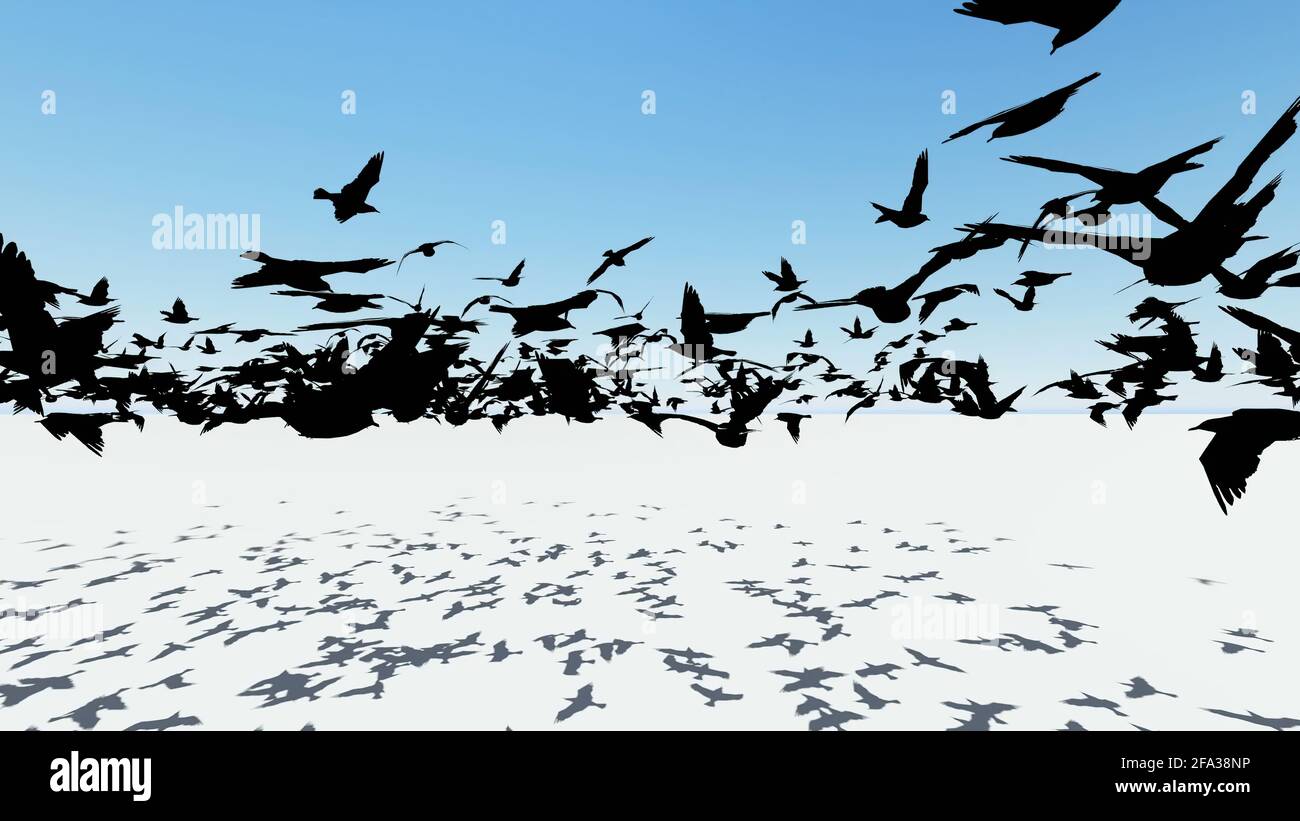 3D illustration - Flock of birds flying across the screen Stock Photo ...
