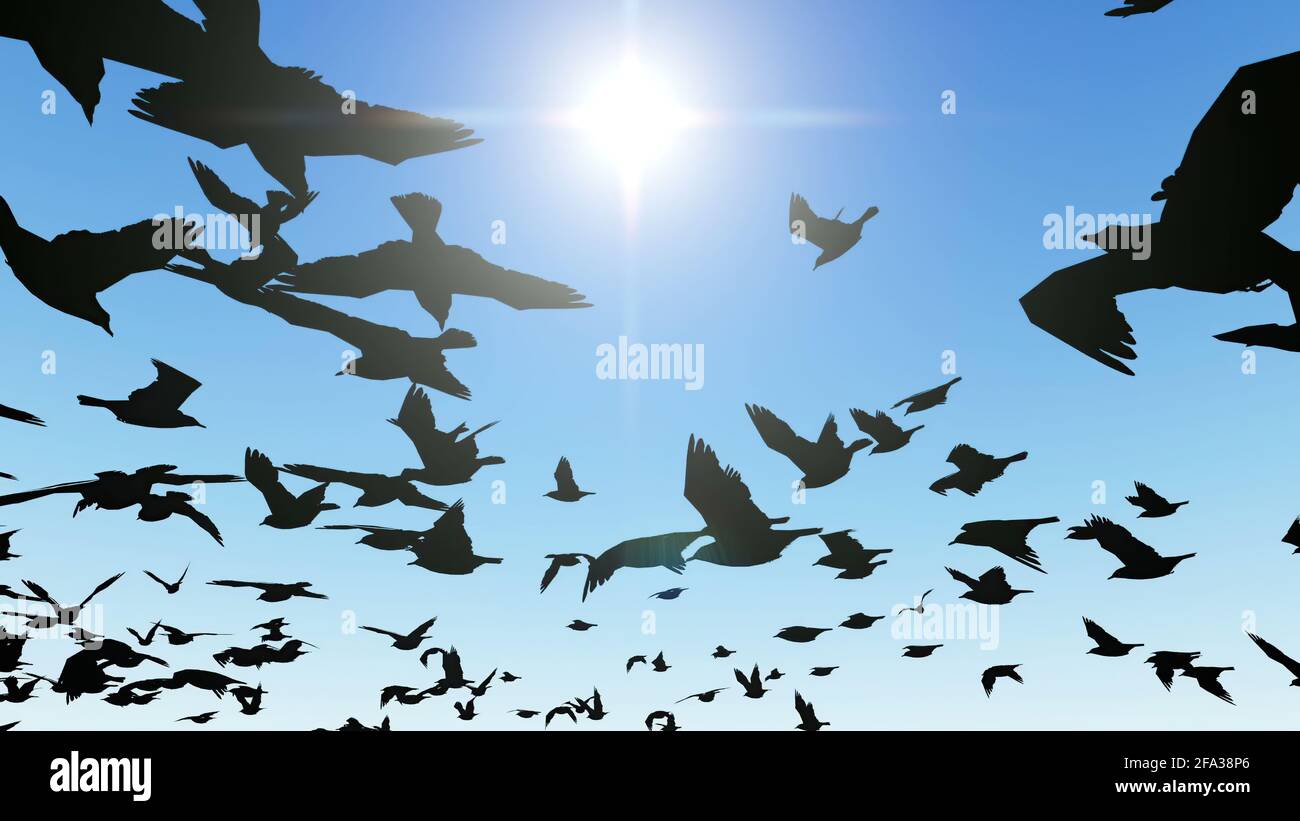3D illustration - Flock of birds flying across the screen Stock Photo ...
