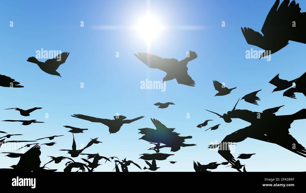 3D illustration - Flock of birds flying across the screen Stock Photo ...