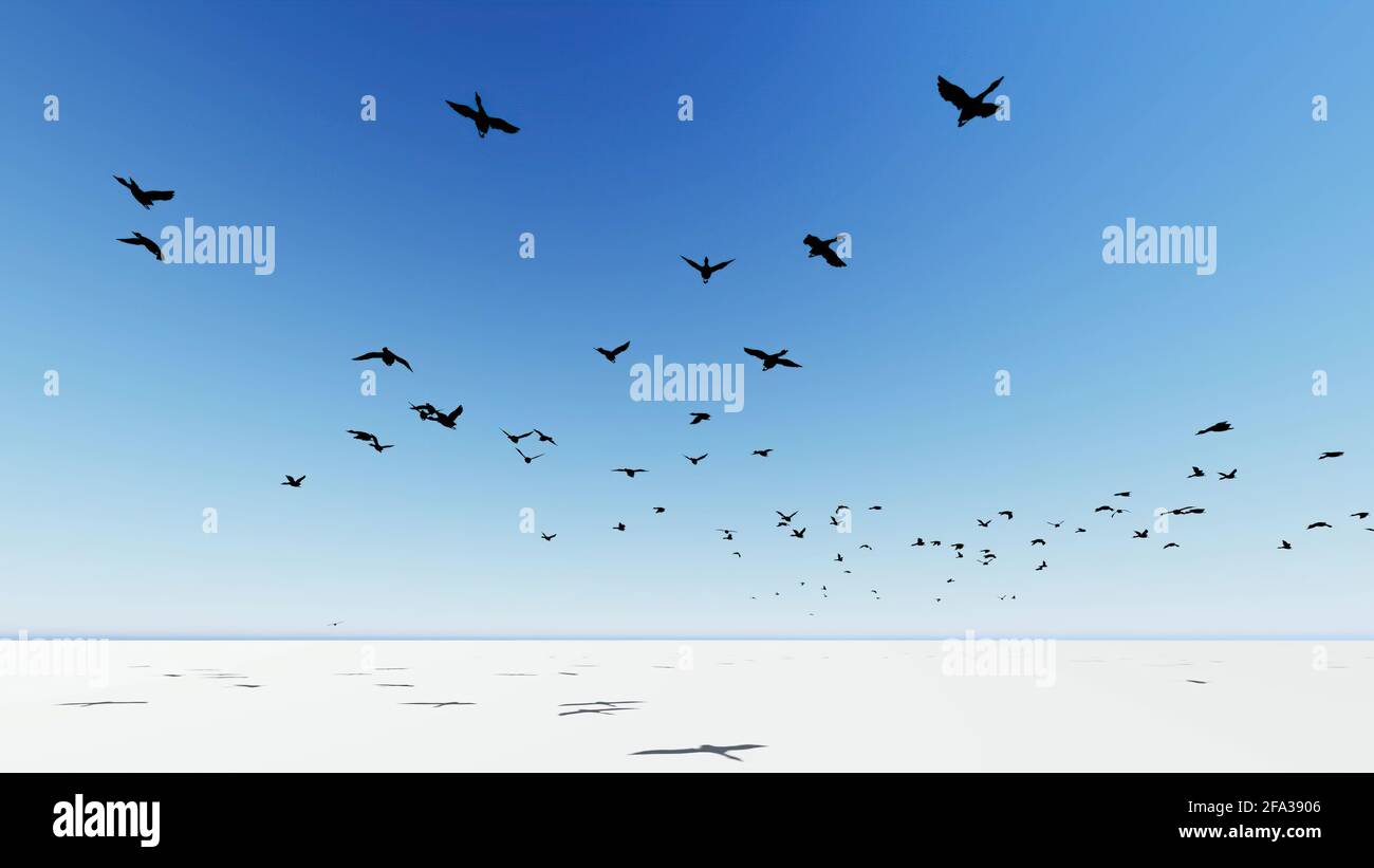 3D illustration - Flock of birds flying across the screen Stock Photo ...
