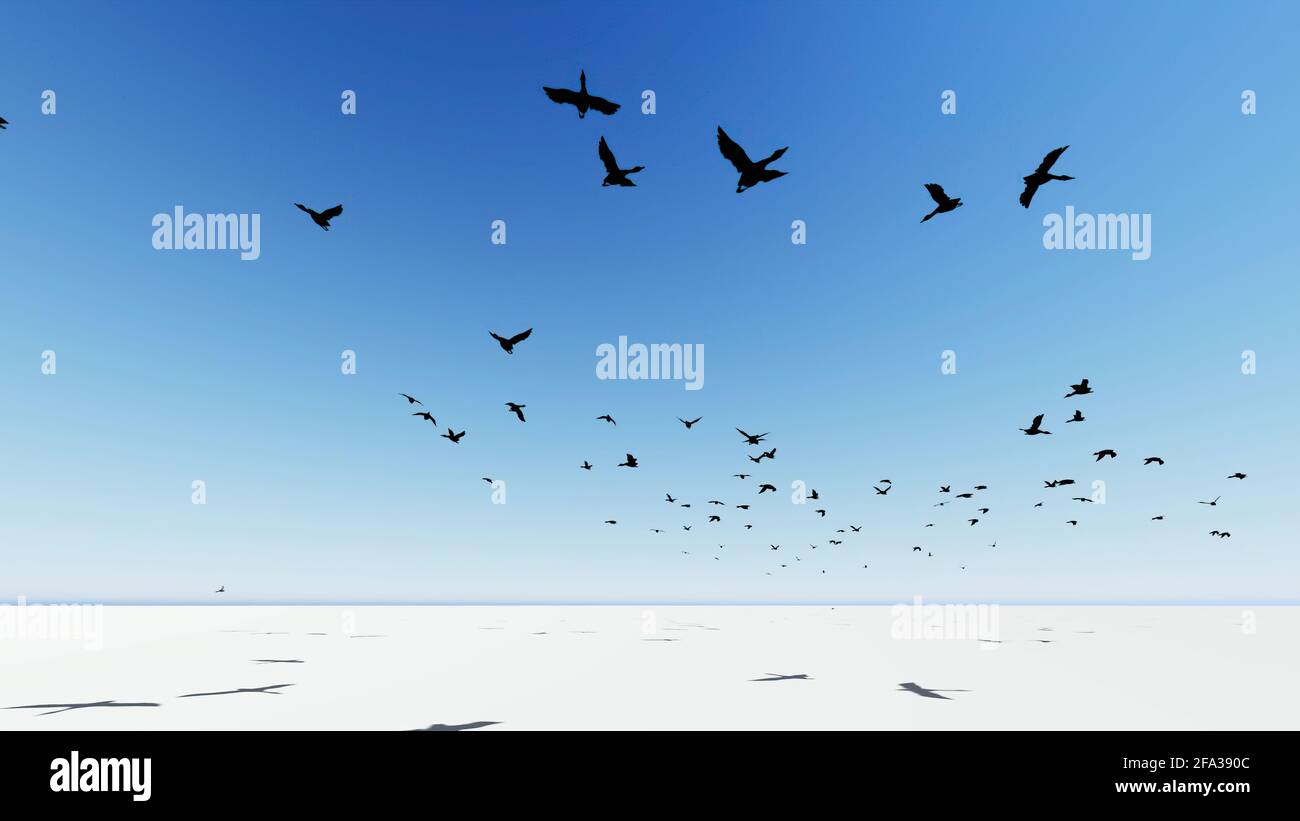 3D illustration - Flock of birds flying across the screen Stock Photo ...