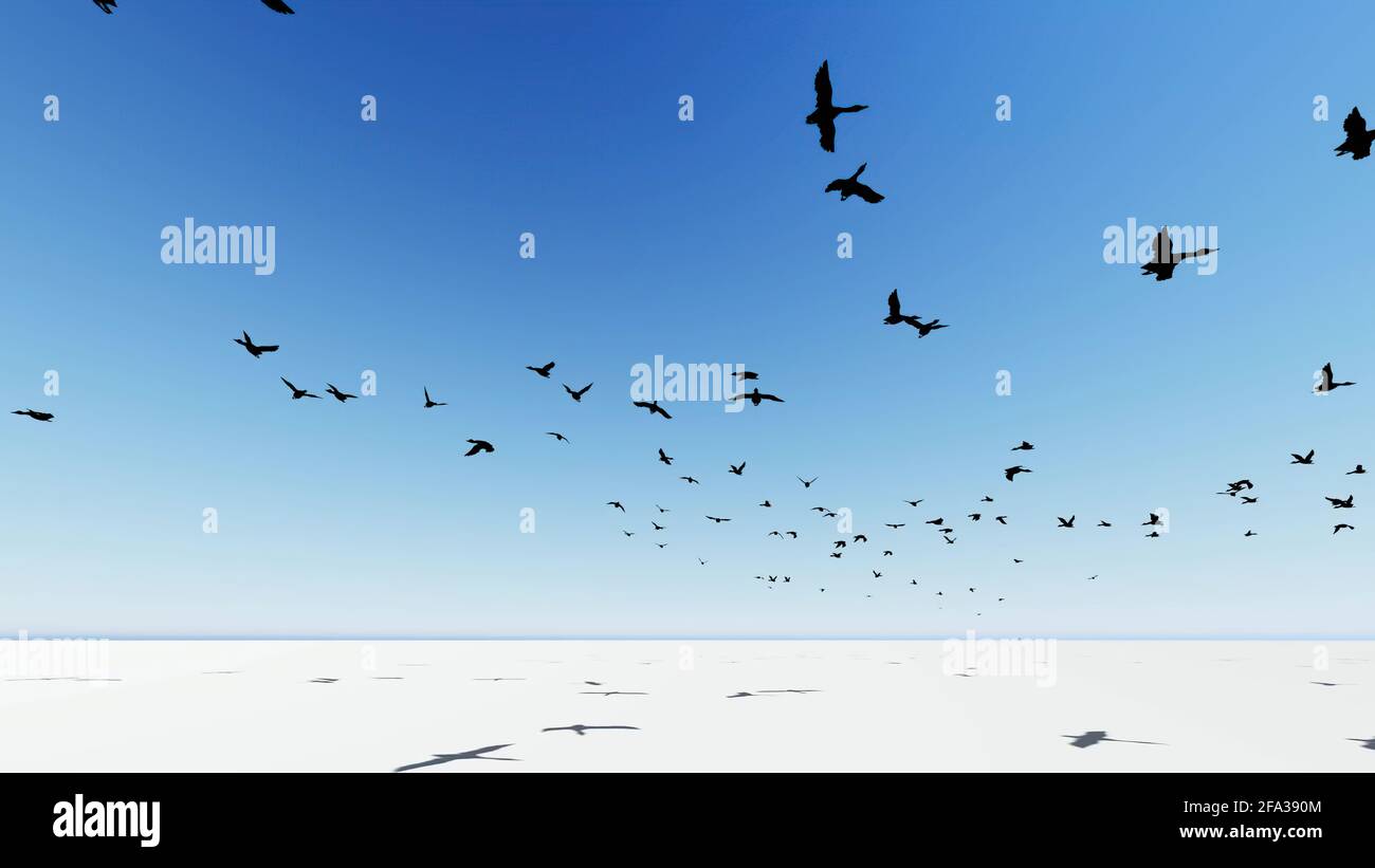 3D illustration - Flock of birds flying across the screen Stock Photo ...