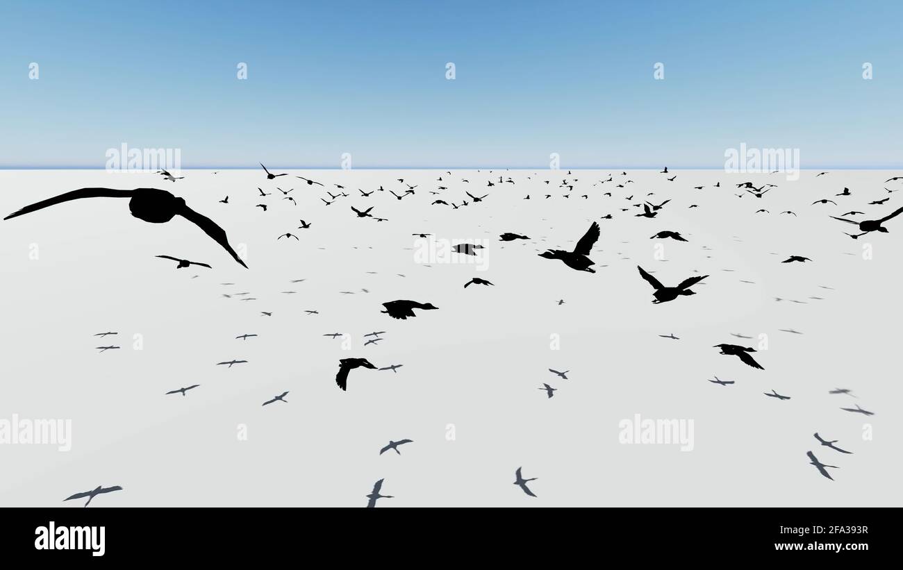 3D illustration - Flock of birds flying across the screen Stock Photo ...