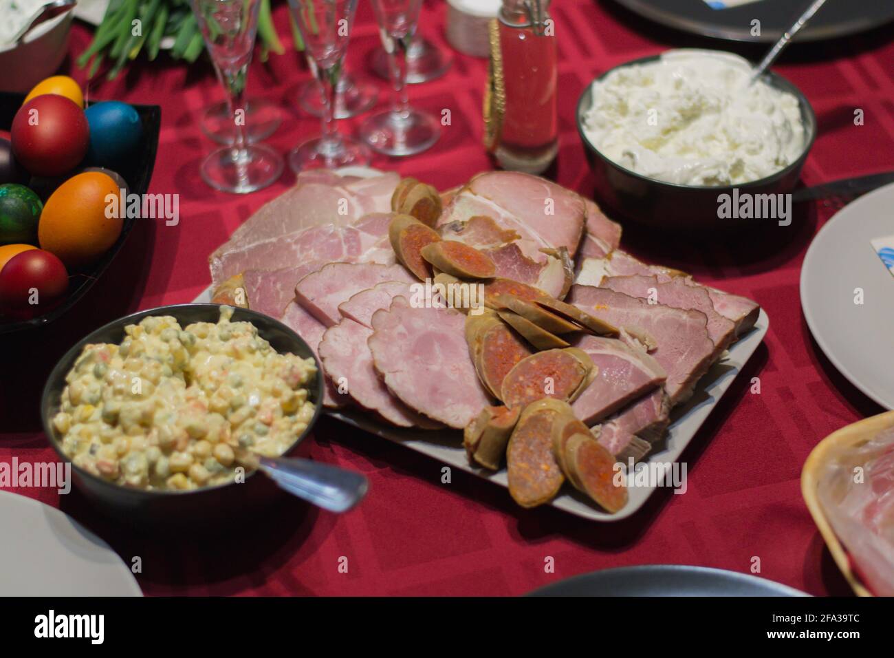 High-angle shot of different types of sausages on the traditional ...