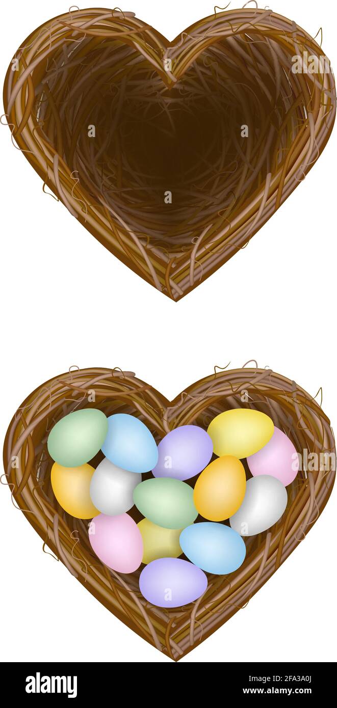 Isolated heart shaped nest empty nest and nest with colorful eggs Stock ...