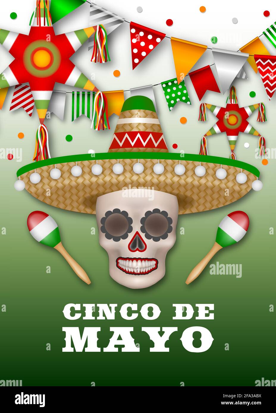 cinco de mayo poster with pinatas pennants and skull with sombrero and ...