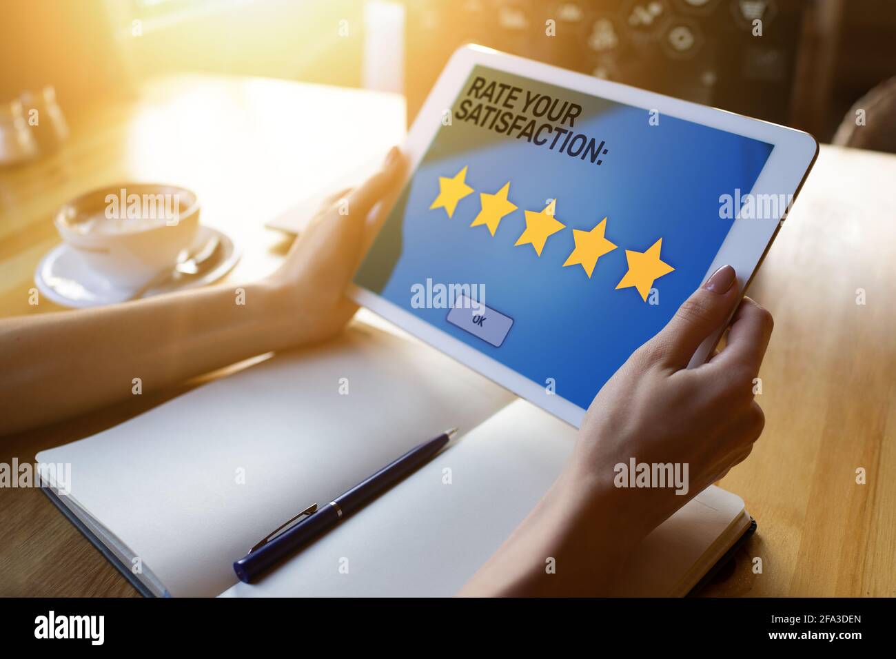 Rate your experience. Customer satisfaction review. Five star on device ...
