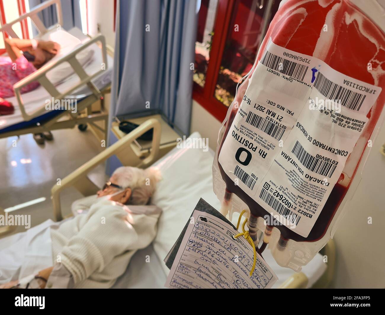 Sao Paulo, Brazil, on April 22, 2021: Patients receive red blood cell ...