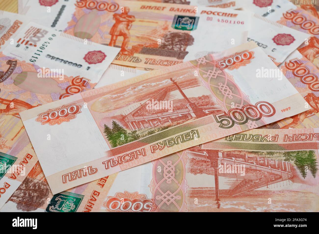 5000 rubles background. Russian banknotes at different angles Stock ...