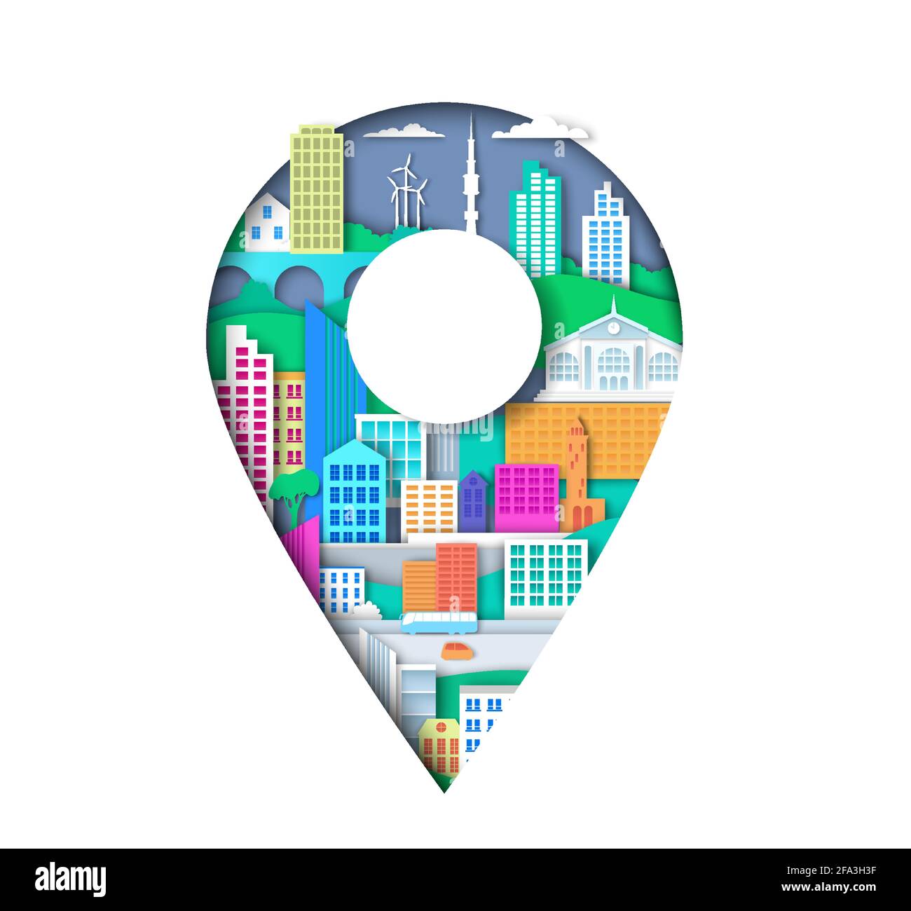 Location pin with city elements. Vector illustration in paper art style ...