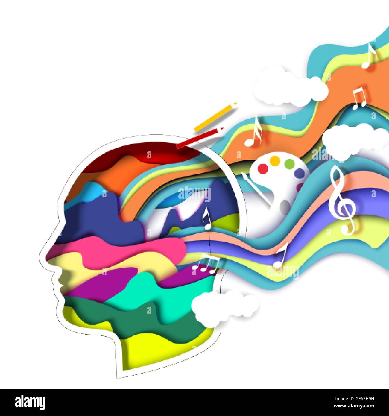 Paper cut man head with abstract vibrant shapes, vector illustration ...