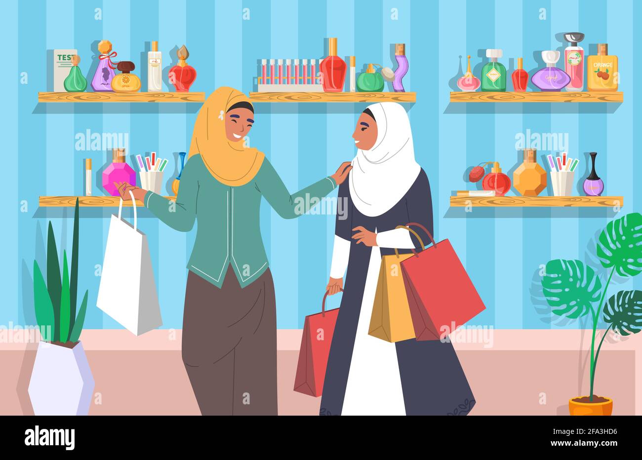 Muslim girls in perfume store, flat vector illustration. Arab women in ...