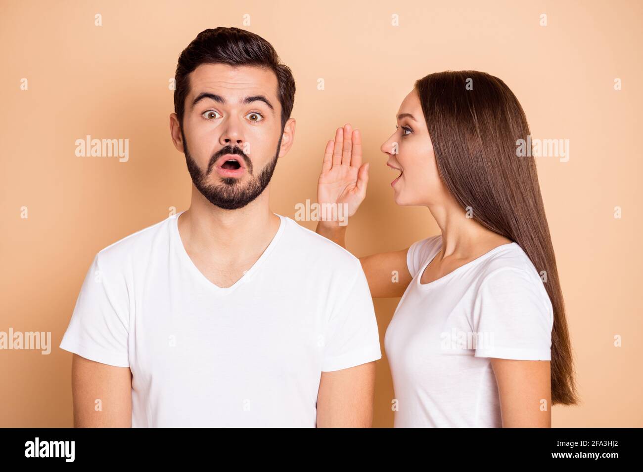 Photo of young girl tell say her amazed shocked surprised boyfriend ...