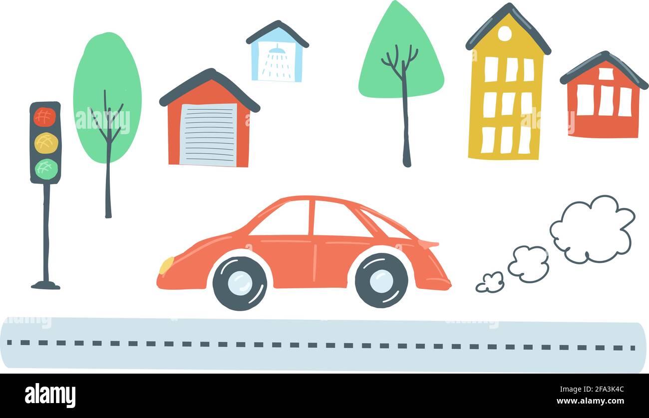 Traffic and house. transportation scenario, red car drives road throw ...