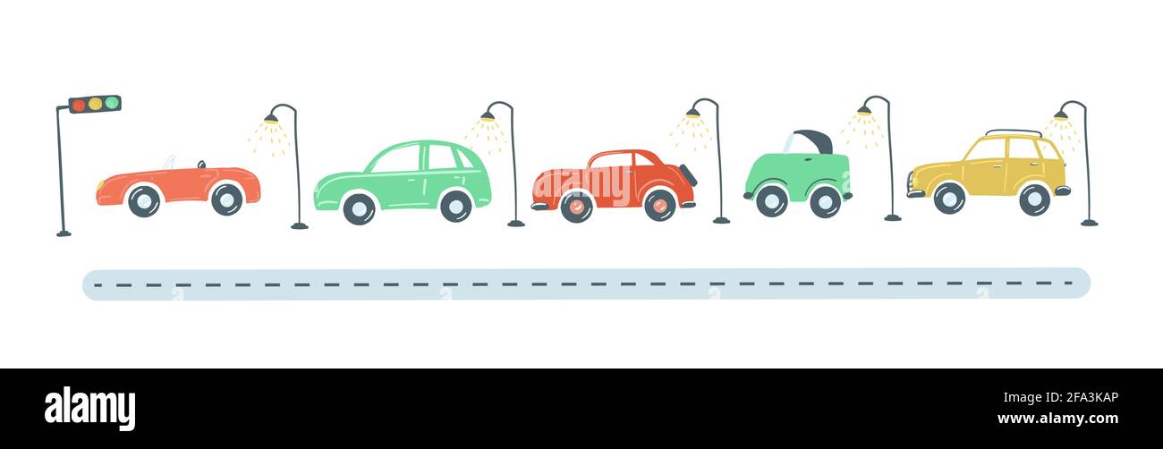 traffic jam from colored cars flat simple cartoon style hand drawing ...