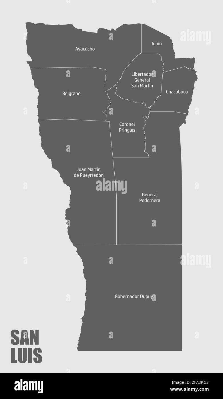 The San Luis province isolated map divided in departments with labels ...