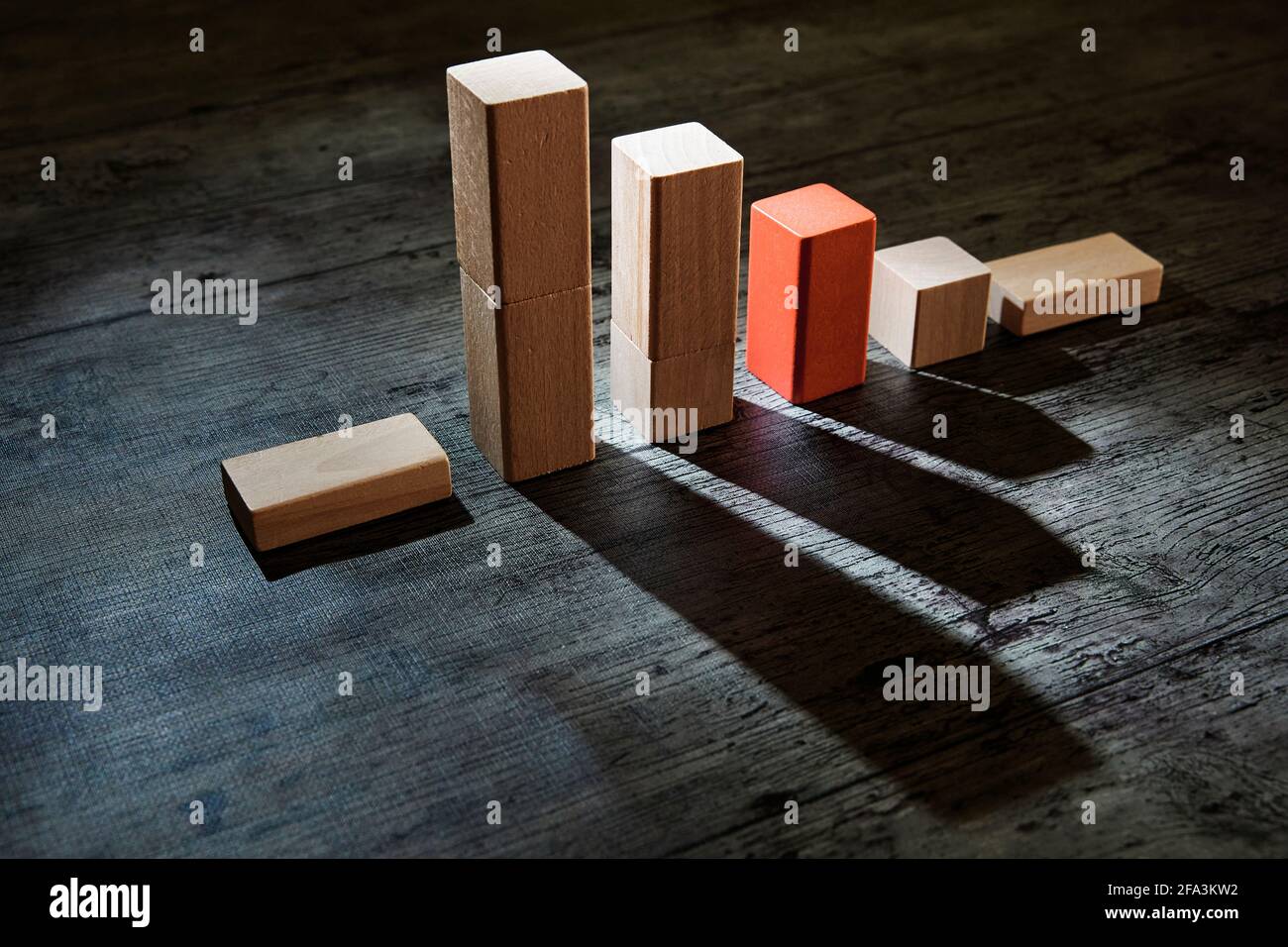 Set of wooden blocks in the form of a weakening graph with a red block ...