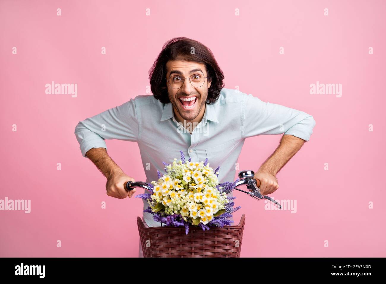 Photo of young happy smiling excited good mood man male guy ride ...