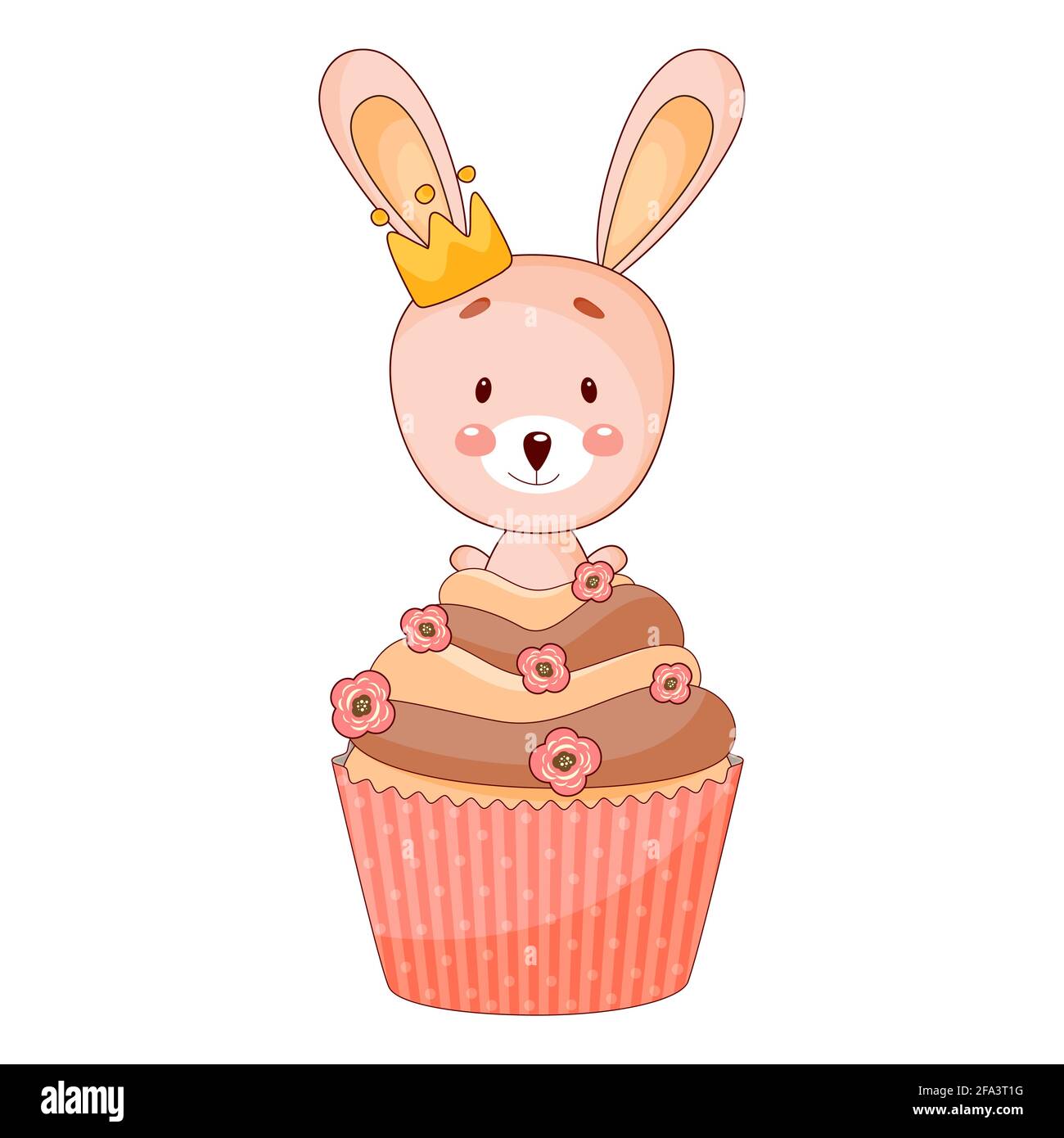 Cute baby bunny princess, rabbit with bow sitting on cupcake. Vector ...