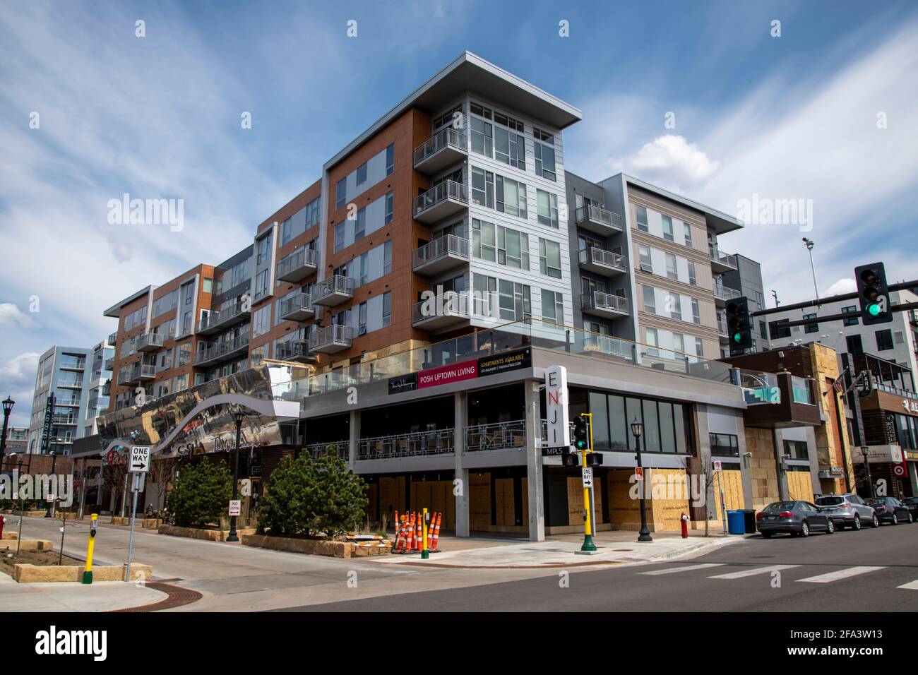 Minneapolis, Minnesota. The posh Walkway Uptown apartments are boarded ...