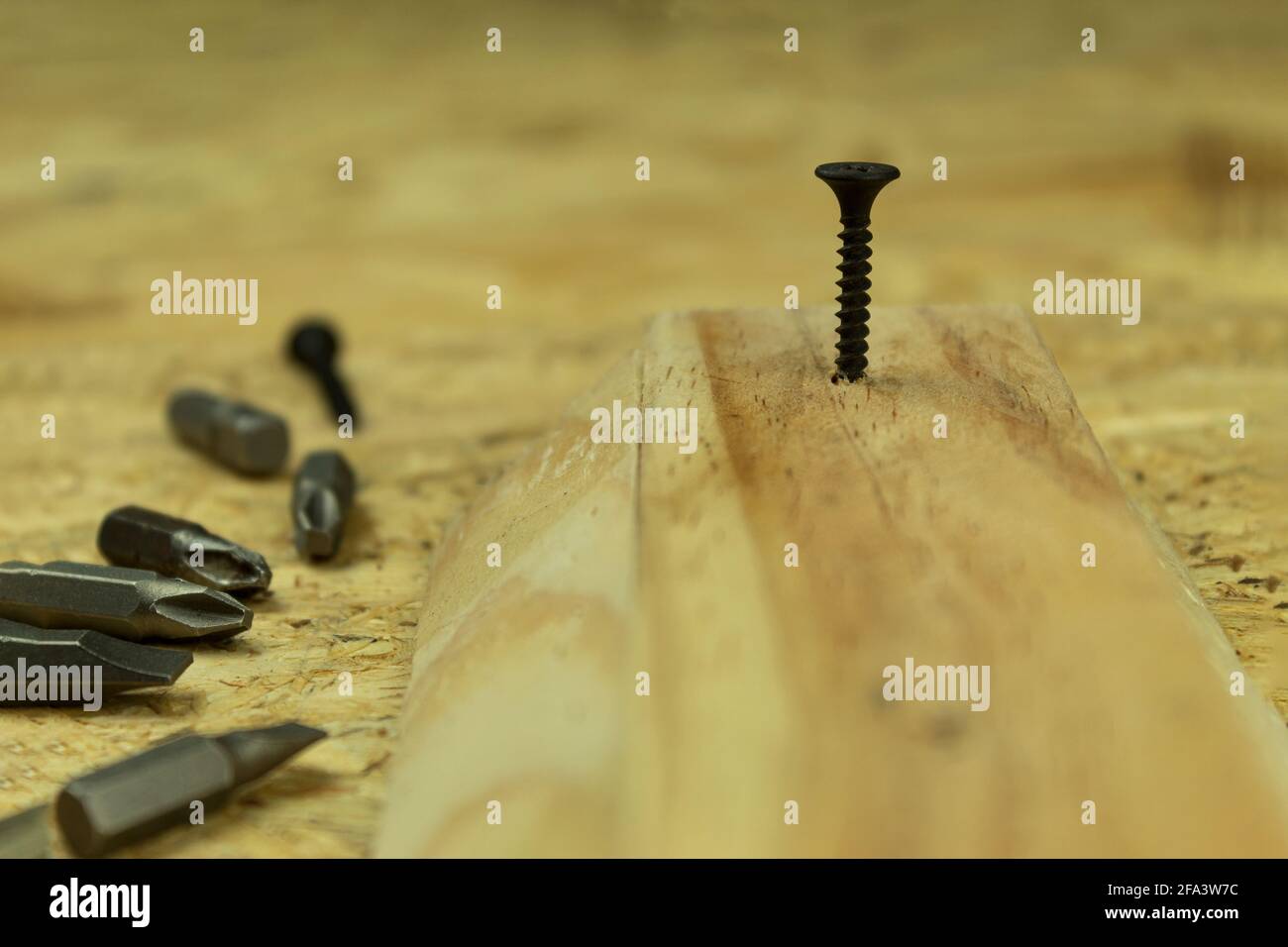Black wood screw screwed into the board, side view macro photo. Screw ...