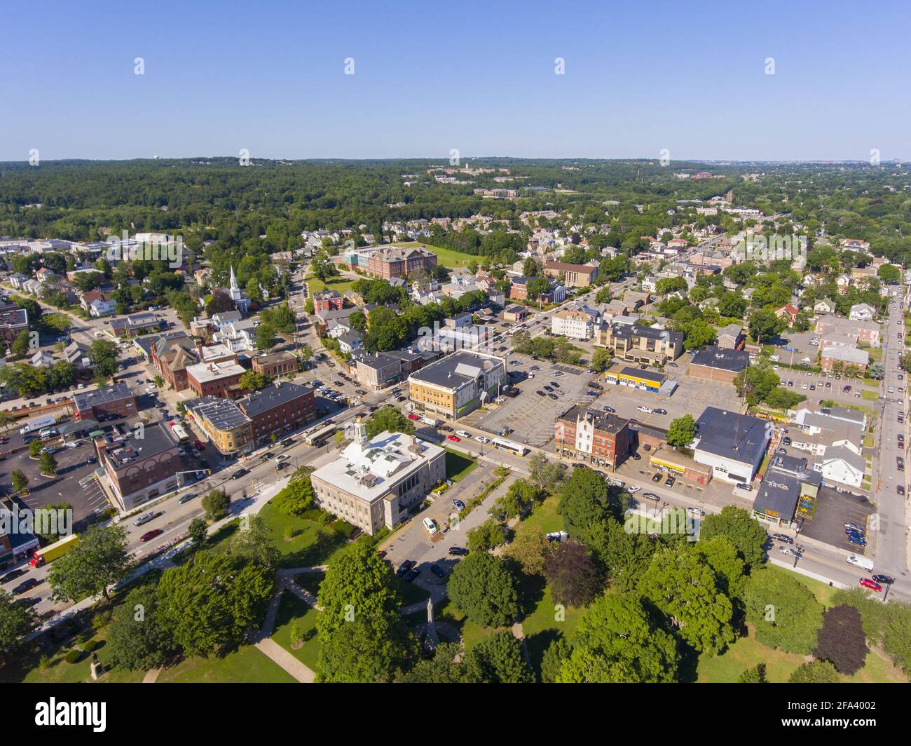 Waltham City Hall and Central Square Historic District aerial view in ...