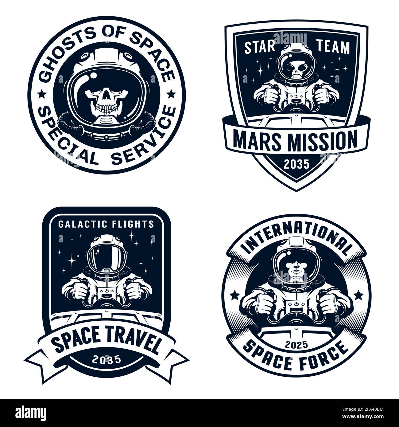 Space badge set with spaceship pilot and alien Stock Vector Image & Art ...