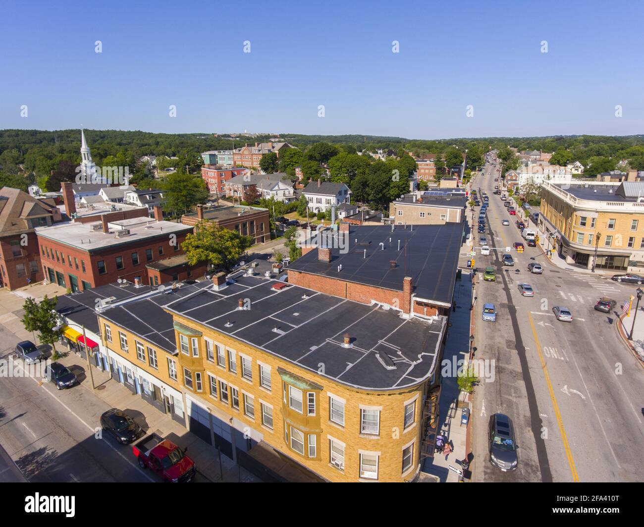 Waltham city center at Main Street near Waltham city hall aerial view ...