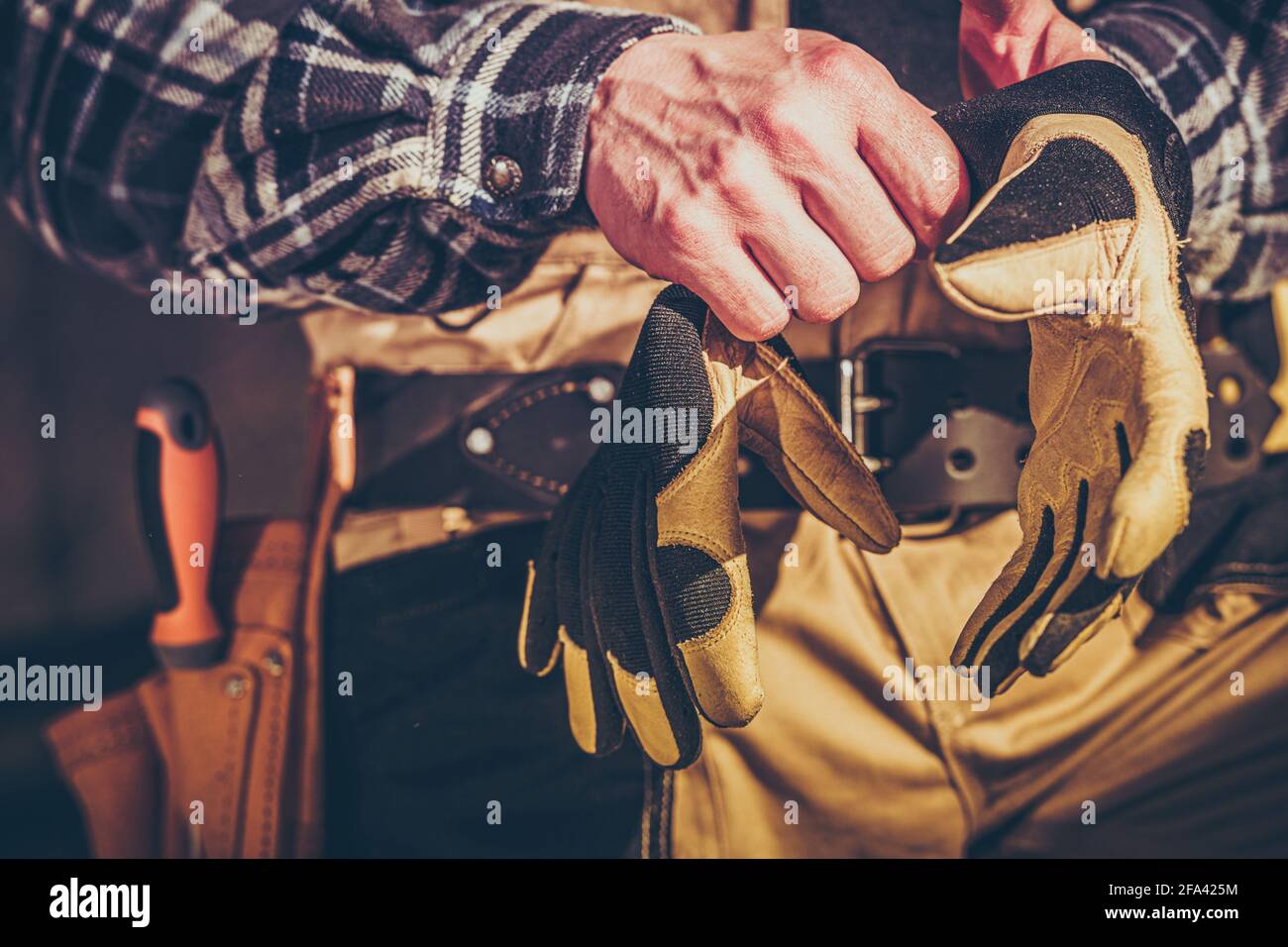 Professional Contractor Worker Wearing Hands Safety Gloves Close Up ...
