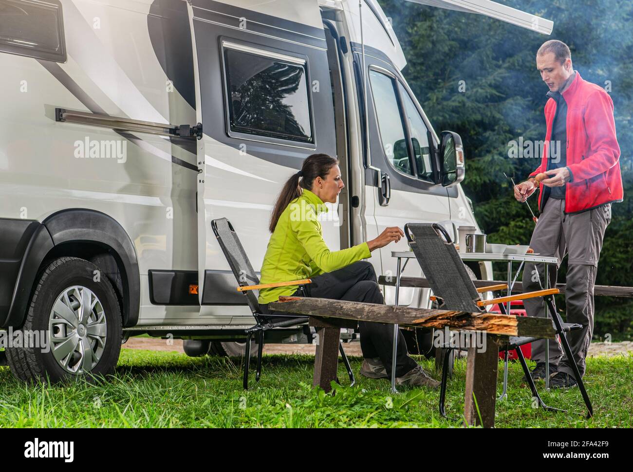 Caucasian Couple During Their Vacation. Modern Recreational Vehicle RV ...