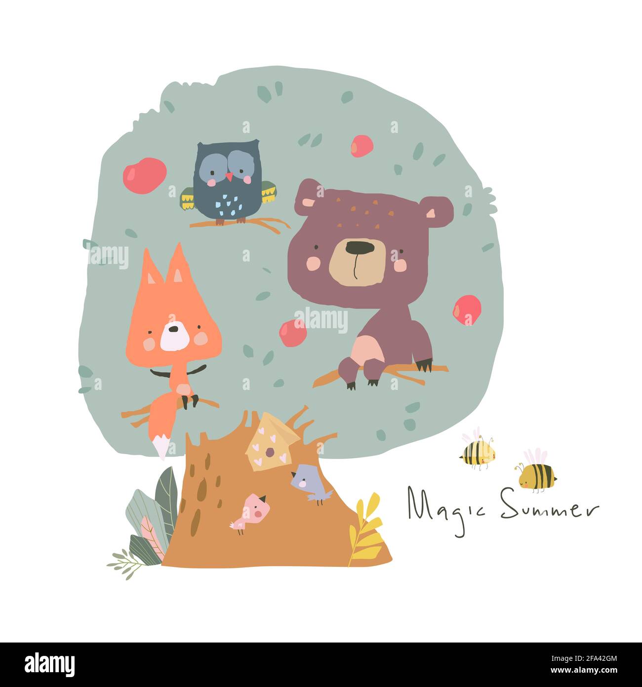 Cartoon Funny Animals sitting on Tree. Hello Summer Stock Vector Image ...